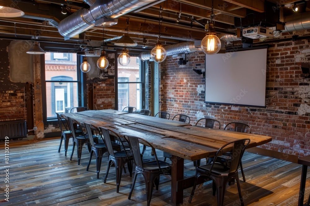 A rustic conference room featuring a long table, chairs, and a ...