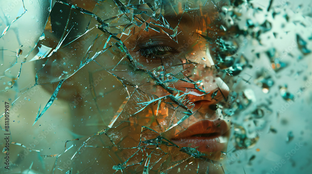 A fragmented mirror with a broken screen overlay, representing the ...