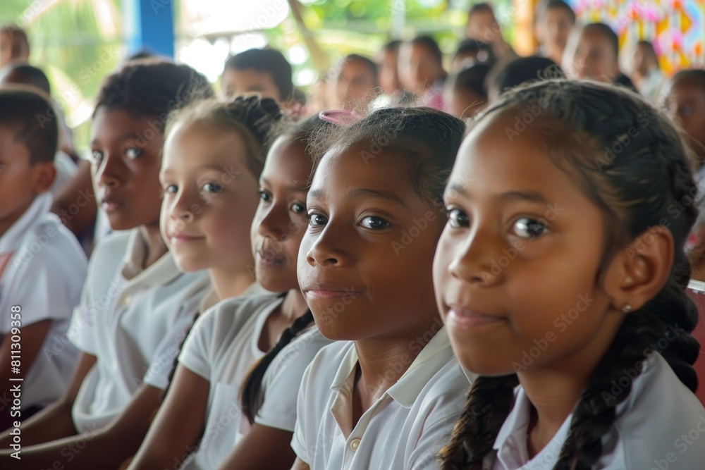 Young girls sitting next to each other during a school assembly, A ...