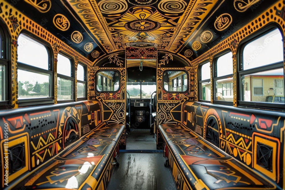 Inside view of a school bus with colorful seats painted in geometric ...