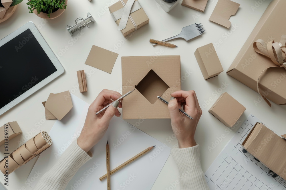 Top view of female hands working with a cardboard box design, drawing ...