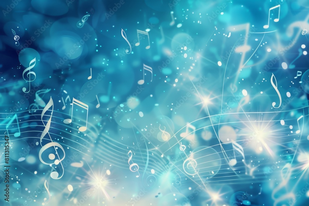 blue background with musical notes and a music staff with white lines ...