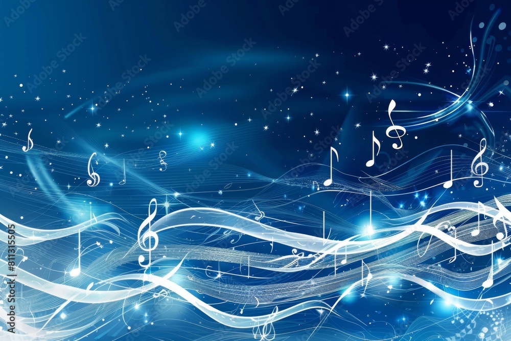 blue background with musical notes and white waves of light, musical ...