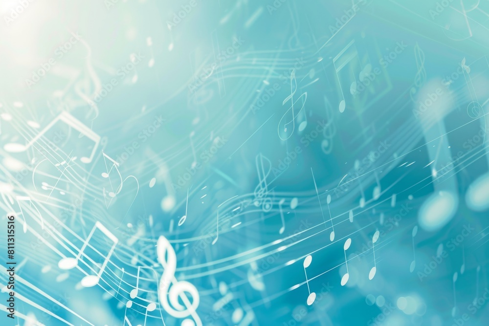blue background with musical notes and music staff, light blue gradient ...