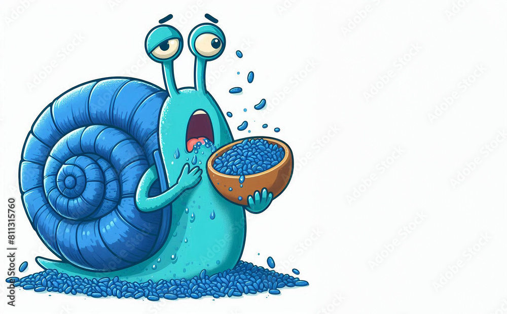 Cartoon style illustration of cute blue snail character eating poison ...