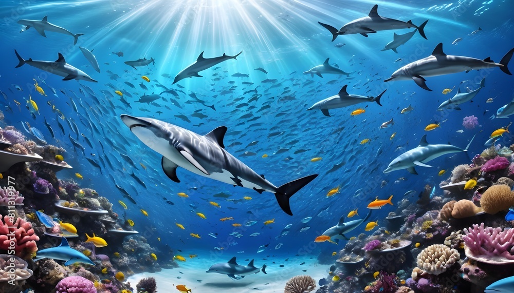 world oceans day with a view of ocean including fishes shark fishes and ...