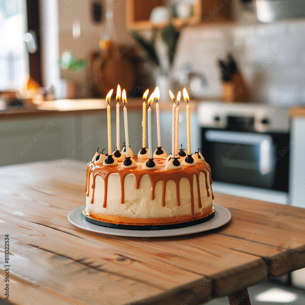 Pastel de cumpleaños con velas encendidas en la encimera de una cocina ...