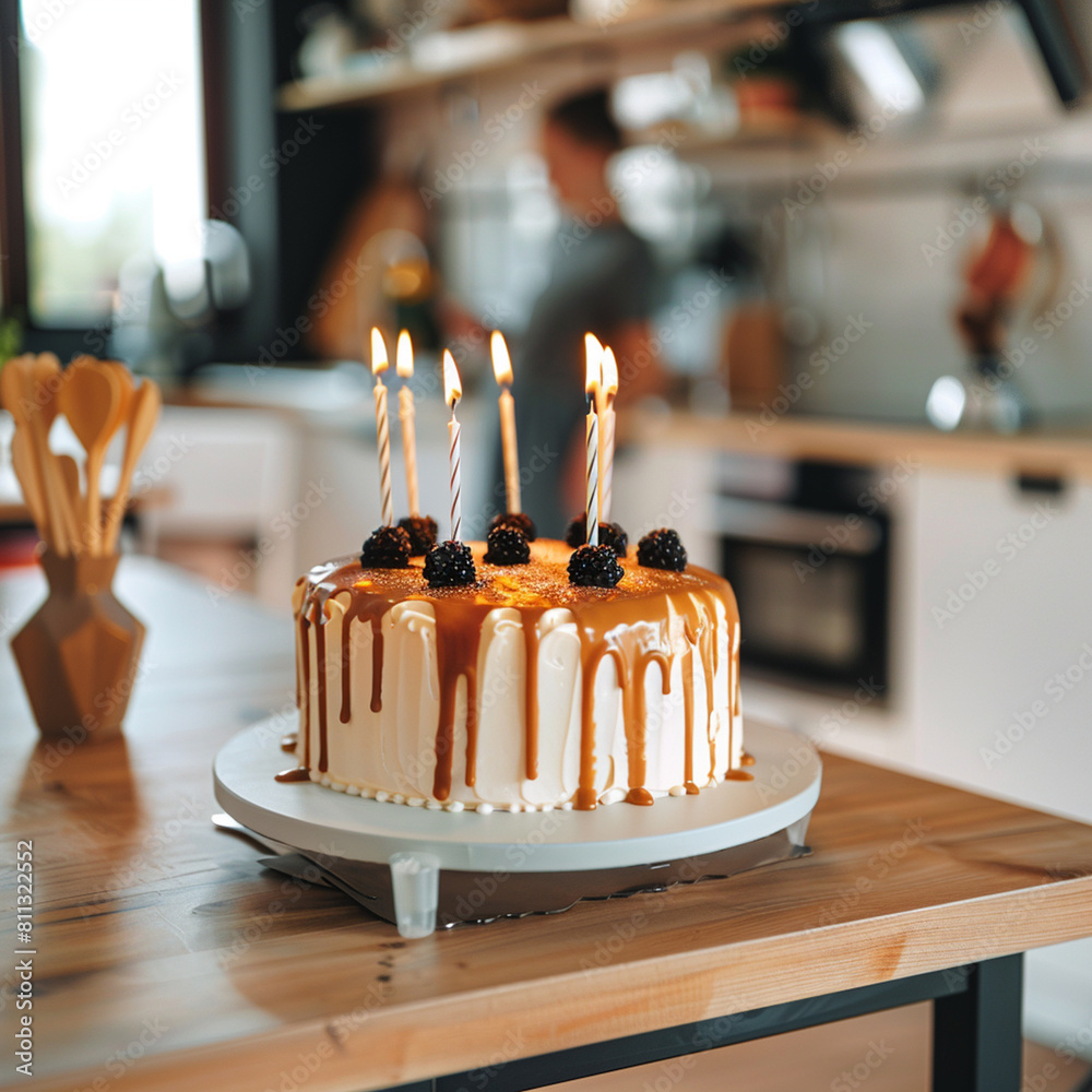 Pastel de cumpleaños con velas encendidas en la encimera de una cocina ...