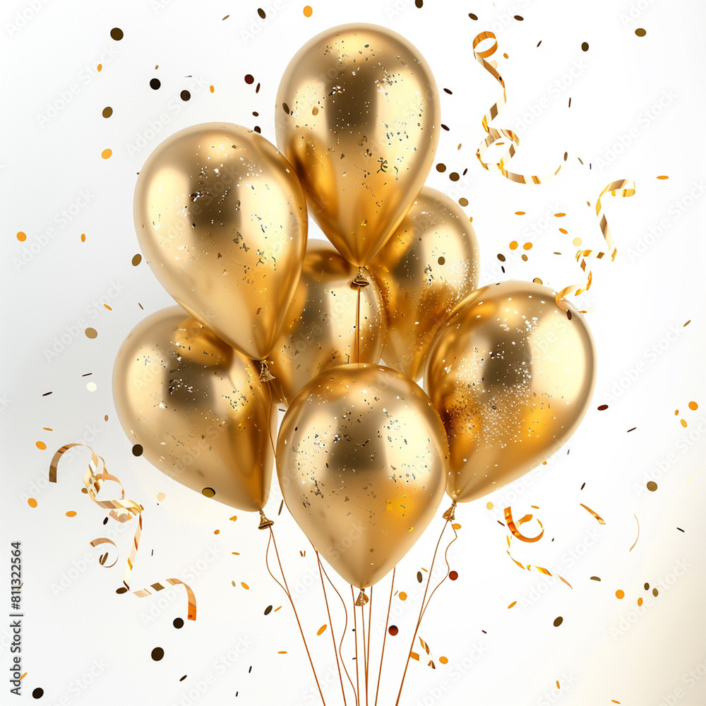 Celebración de cumpleaños de globos dorados, fondo blanco con confeti ...