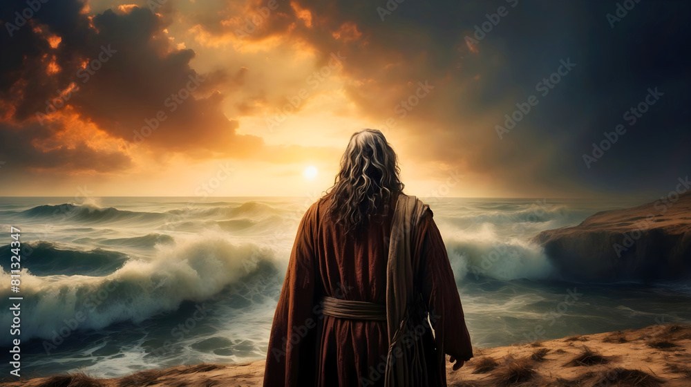 Moses standing before the sea, in order to save his people from the ...