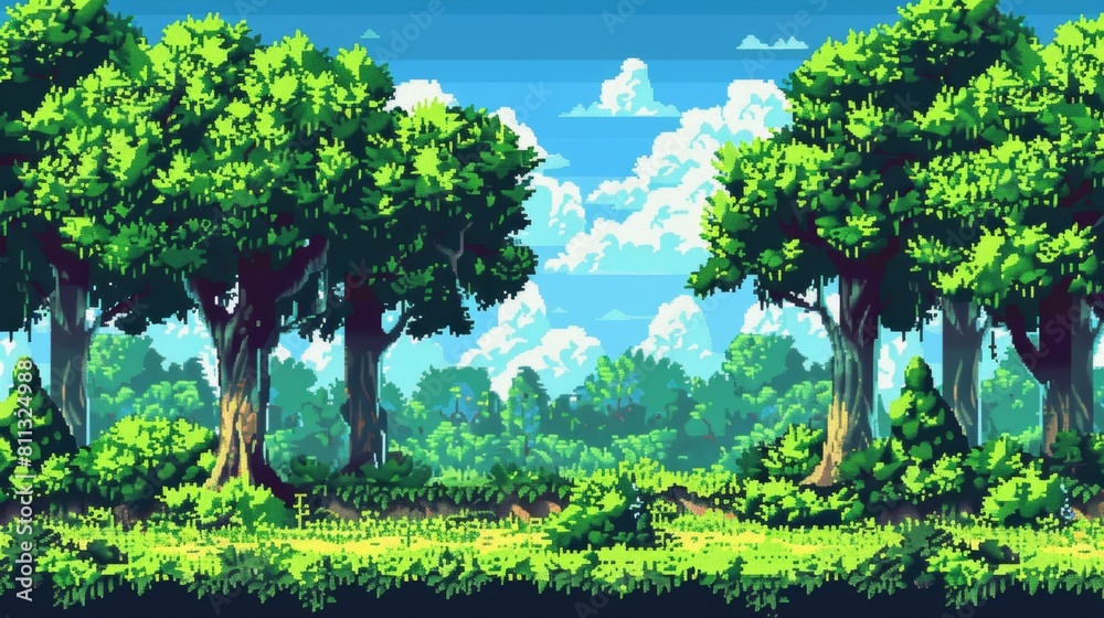 Vibrant pixel art depiction of a lush green forest with detailed trees ...