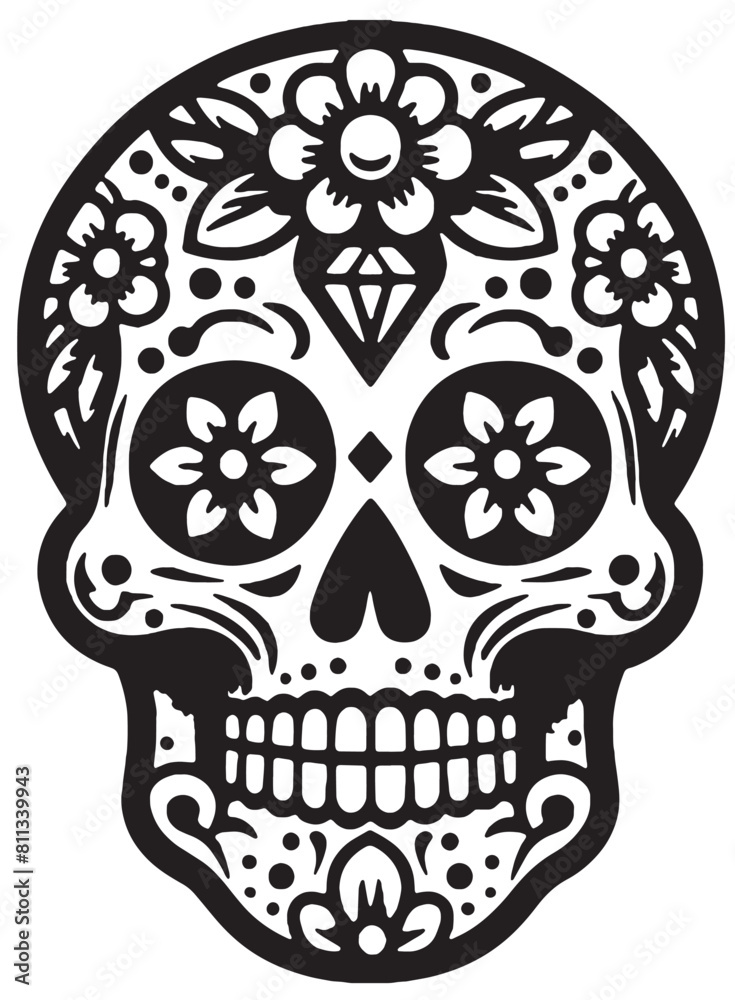 Black Tattoo Sugar Skull Outlines. Vector of painted flowers Decorated ...