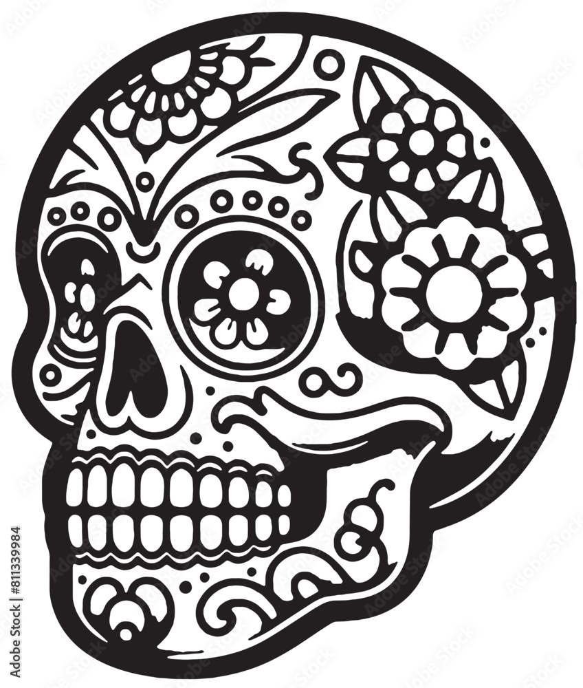 Black Tattoo Sugar Skull Outlines. Vector of painted flowers Decorated ...