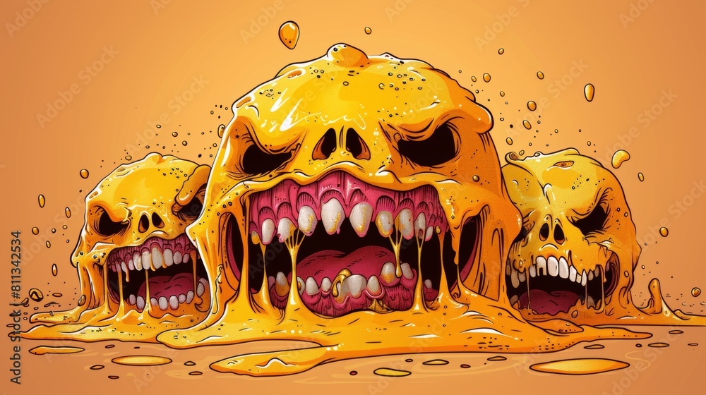 Three cartoon skulls with yellow liquid dripping from their mouths, AI ...