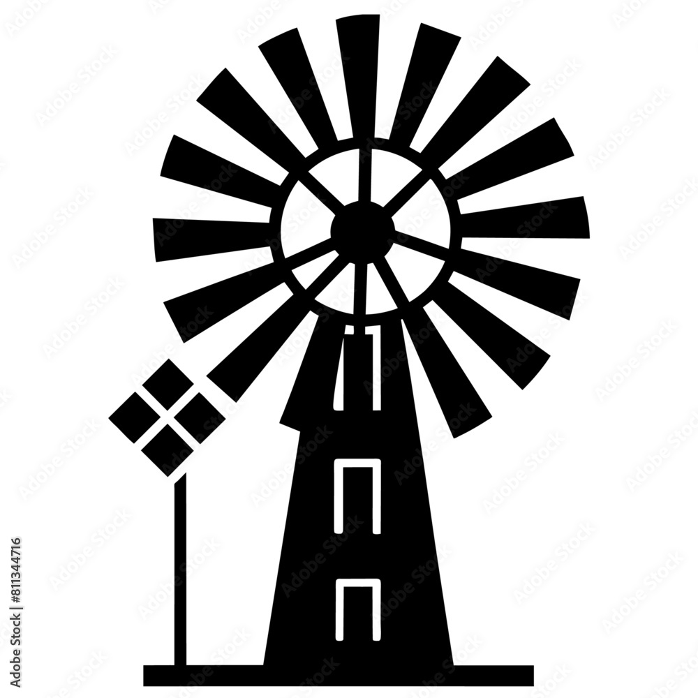 farm windmill vector silhouette, black color silhouette, white ...