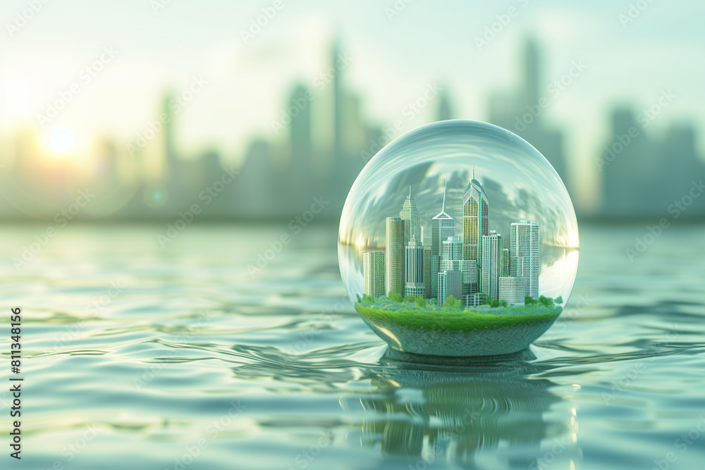 Large water drop in the shape of a balloon with tall houses inside on ...