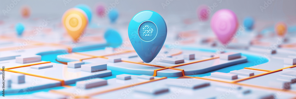 Destination. Navigator. Vibrant 3D map with colorful location pins on a ...