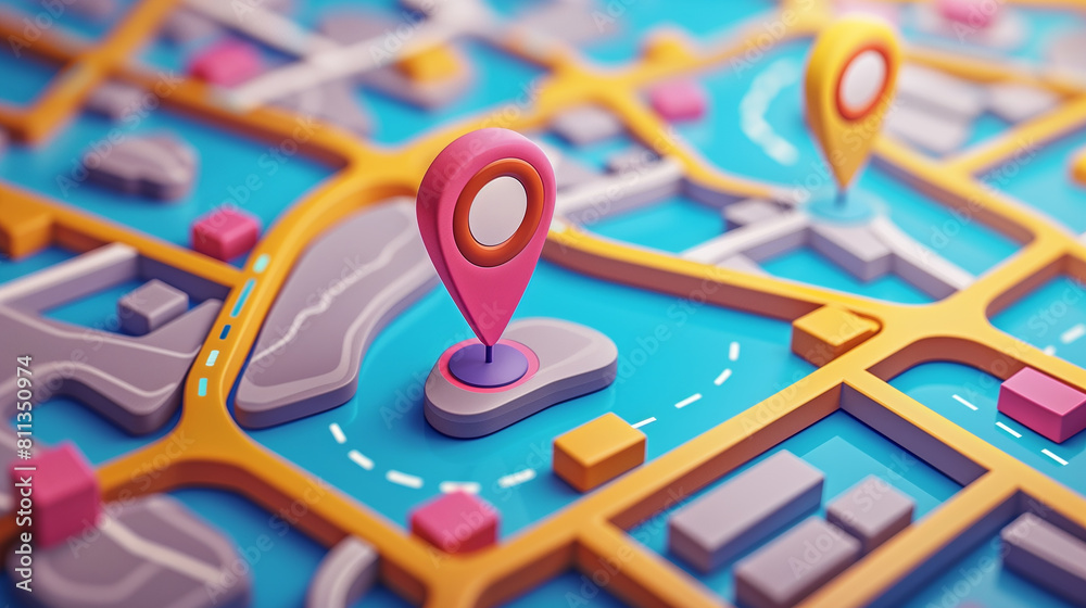 Destination. Navigator. Vibrant 3D map with colorful location pins on a ...