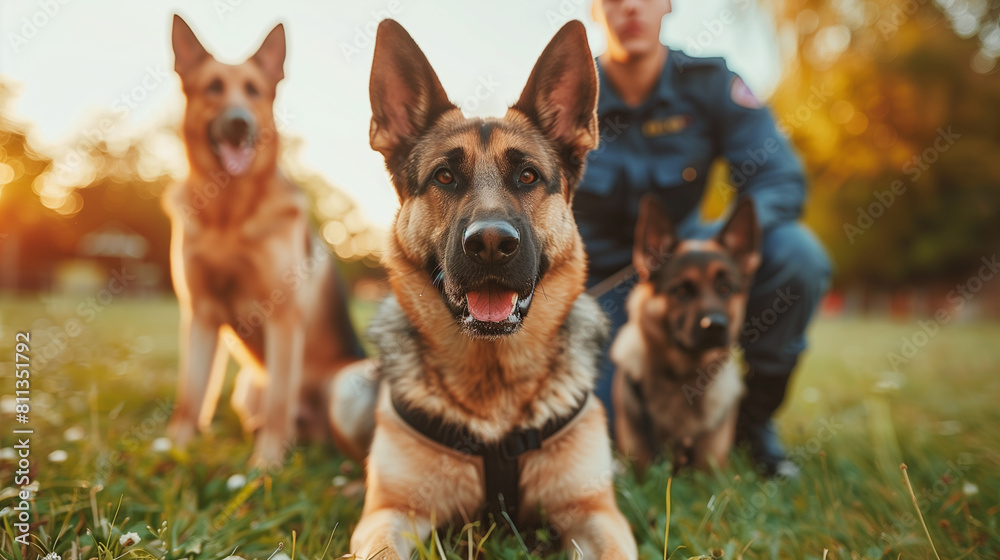 Alert German Shepherd with dog handler in autumn park, golden sunset ...