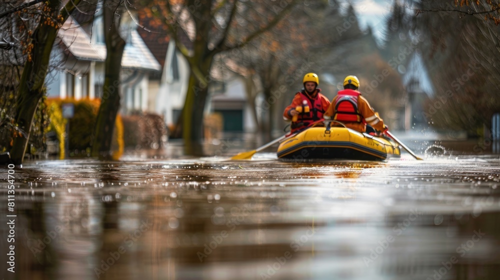 Emergency Response Team in Floodwaters. Photo highlights the urgency ...
