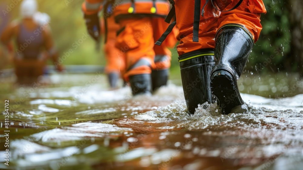 Emergency Response Team in Floodwaters. Photo highlights the urgency ...