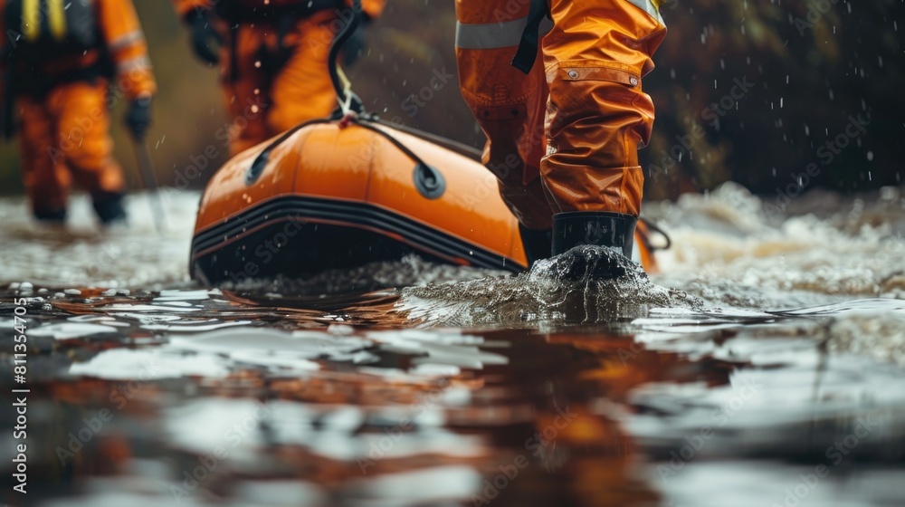 Emergency Response Team in Floodwaters. Photo highlights the urgency ...