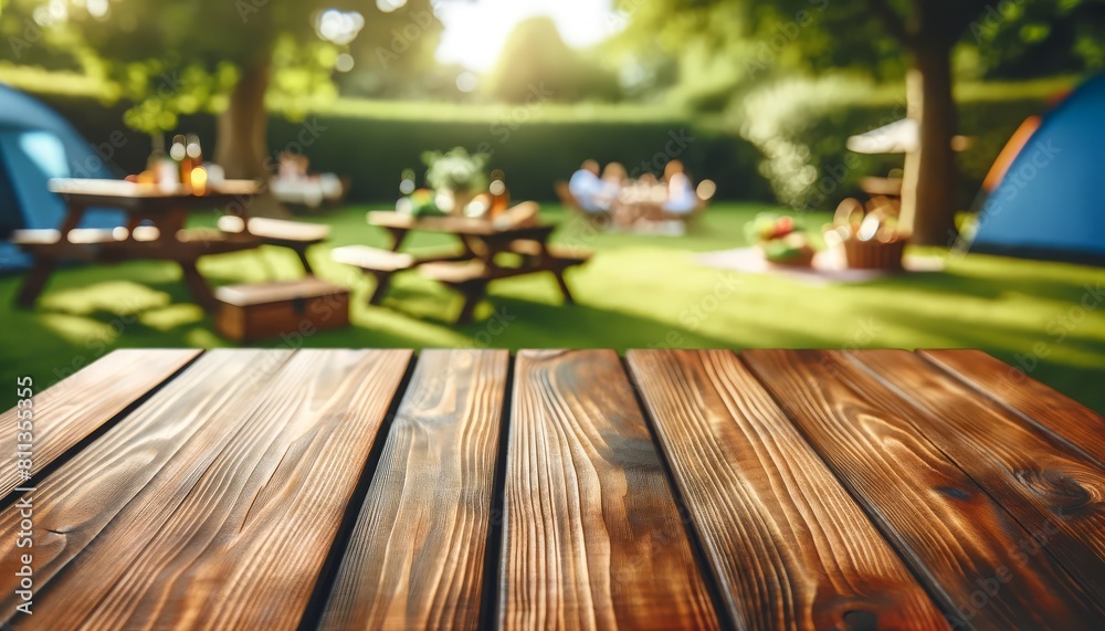 Summery Outdoor Wooden Table Against blurred Green Garden with a picnic ...