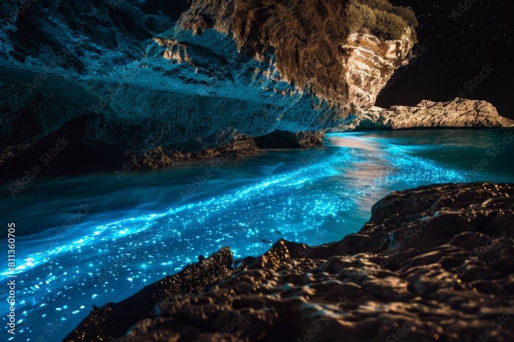 Bioluminescent beach with rock cliffs. Bioluminescence, the glow of ...