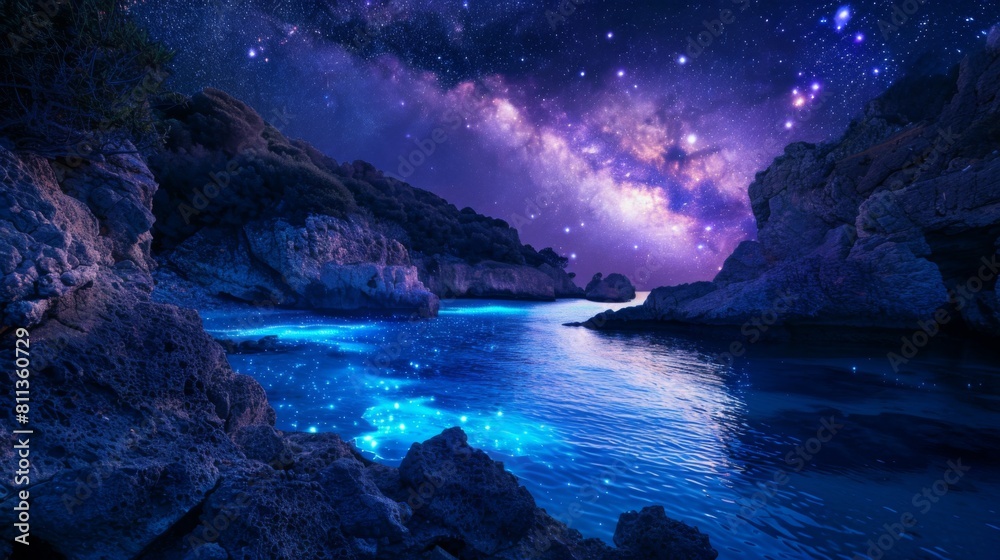 Bioluminescent beach under starry sky. Milky Way galaxy, stargazing ...