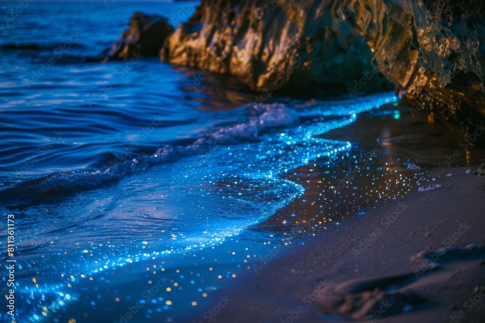 Bioluminescent beach with rock cliffs. Bioluminescence, the glow of ...