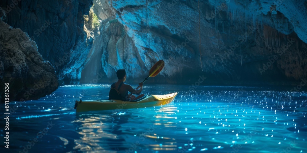Kayaker on bioluminescent water in cave. Bioluminescence, illumination ...