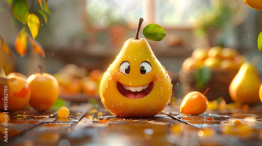 happy fruit illustration, cheerful pear character with a wide grin, a ...