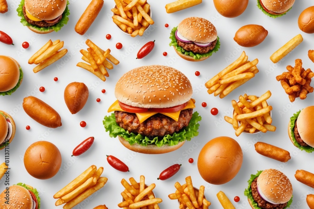 flying fast food dishes isolated on white abstract background. floating ...