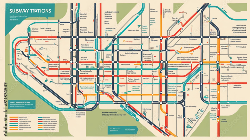 Metro stations diagram and subway plan with colored lines, fantasy ...
