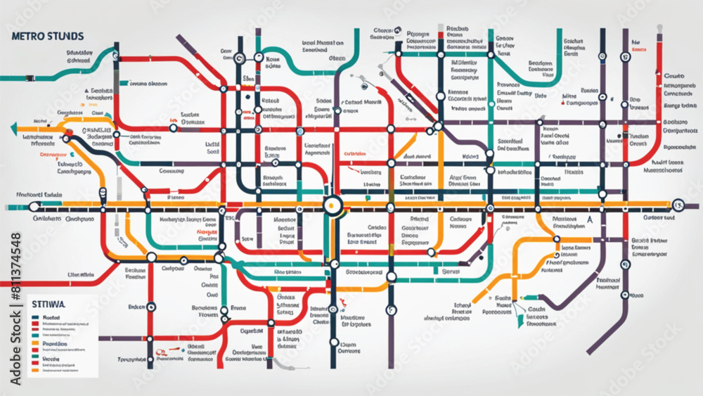 Vetor de Metro stations diagram and subway plan with colored lines ...