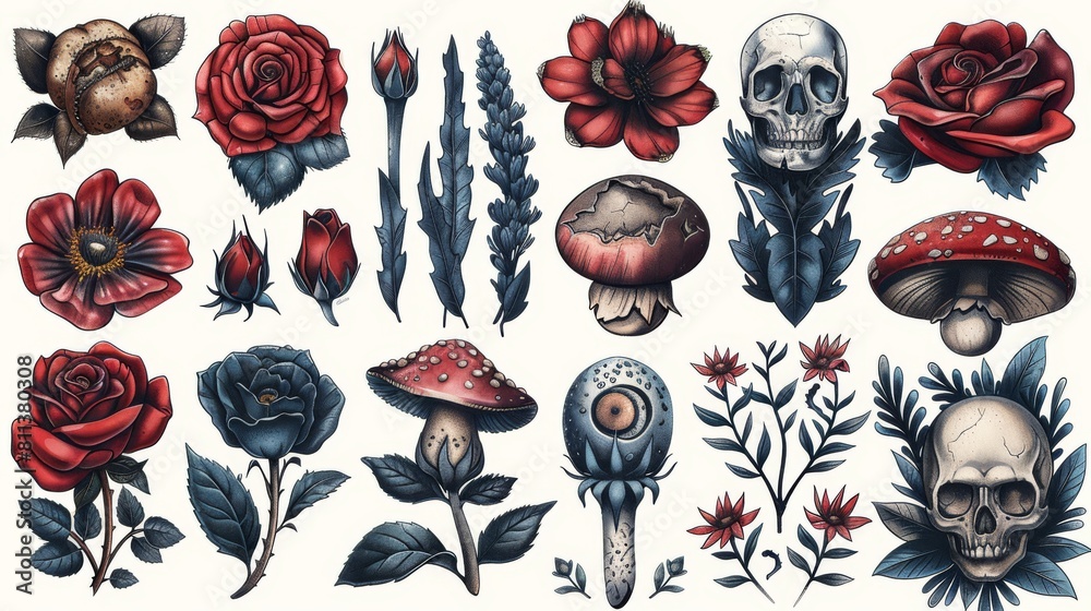 This is a hand drawn vintage disgust tattoo set. Cute tattoo design ...