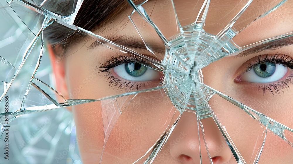 A woman's face is reflected in a broken mirror. The concept of ...