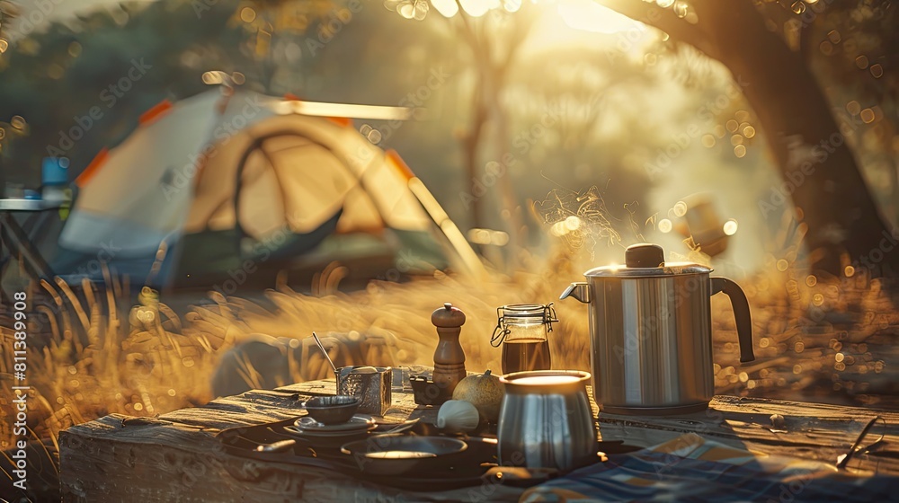 A camping scene with a tent, a campfire, and a table with food and ...