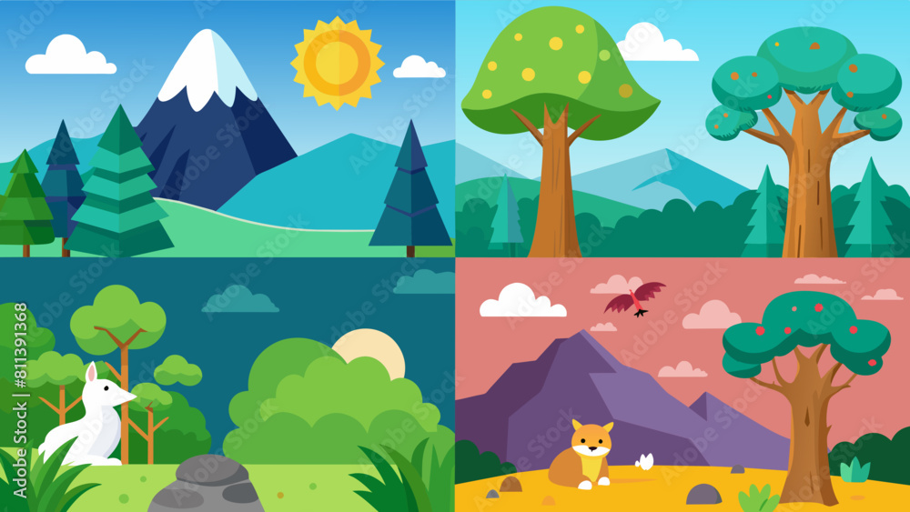four different nature scene forest cartoon vector illustration Stock ...