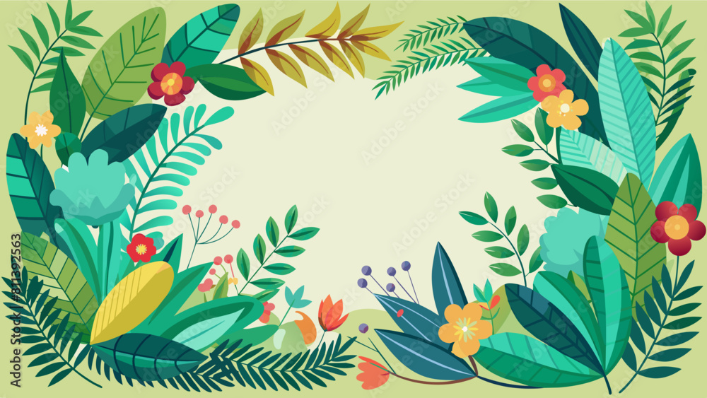 horizontal floral frame with green plants cartoon vector illustration ...