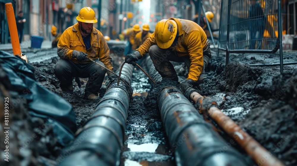 Construction workers installing steel casing pipes for a water pipeline ...