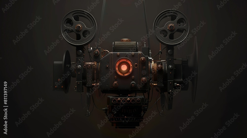Cinema projector device with movie reels hanging from the roof on ...