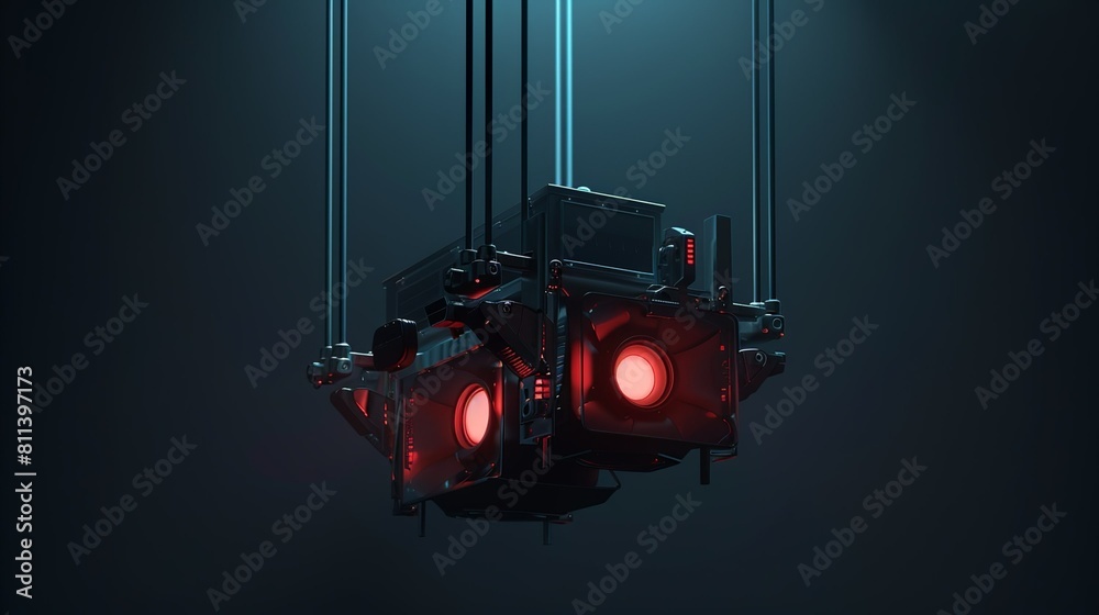 Cinema projector device with red light hanging from the roof on ...