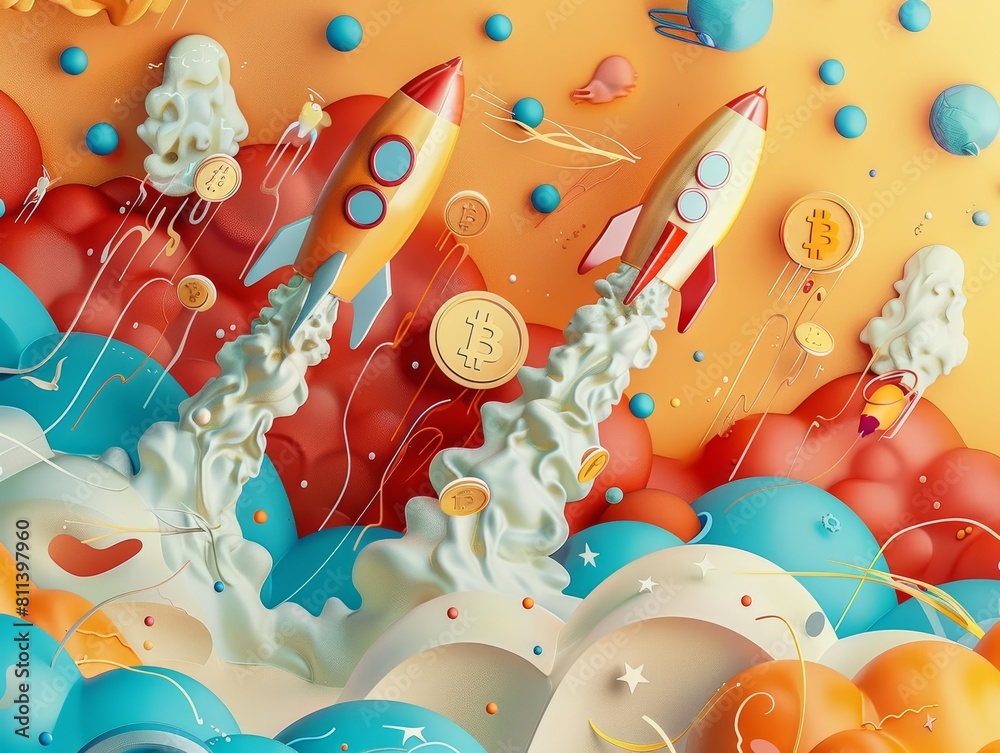 Abstract depiction of cryptocurrency symbols and rocket ships Stock ...