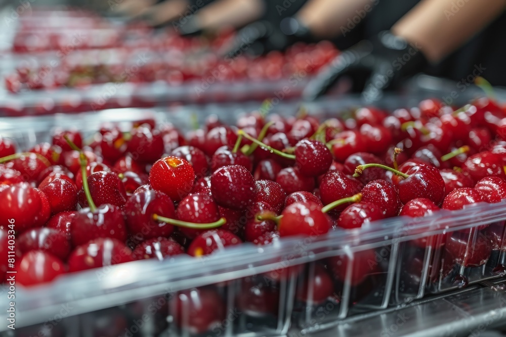 Rows of glistening cherries freshly washed and lined up on a conveyor ...