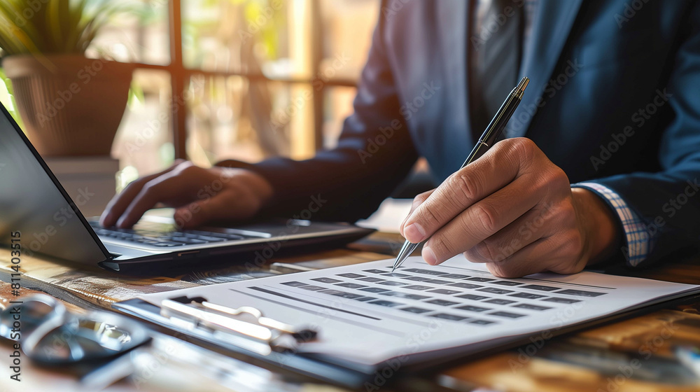 Business performance checklist, businessman using laptop doing online ...