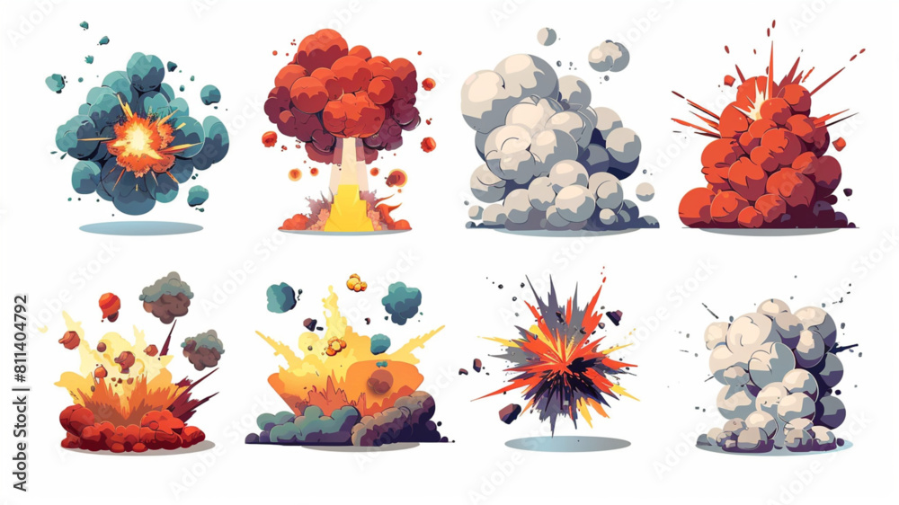 Cartoon explosions. Comic explosive detonation, game bomb blast ...