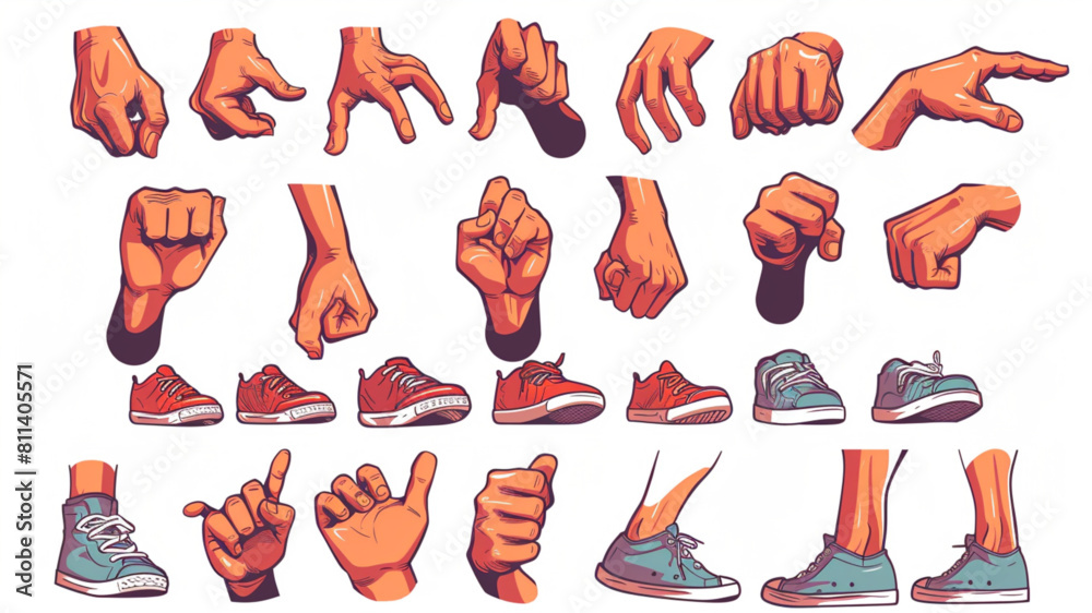Cartoon hands and leg. Retro color comic leg in sneakers, mascot arm ...