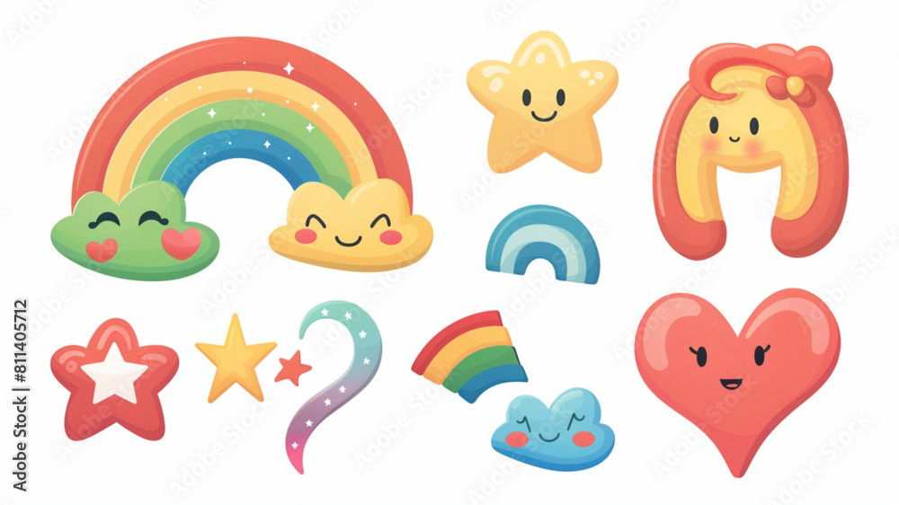 Cartoon rainbow. Cute heaven arc, cloud, star and heart with rainbow ...