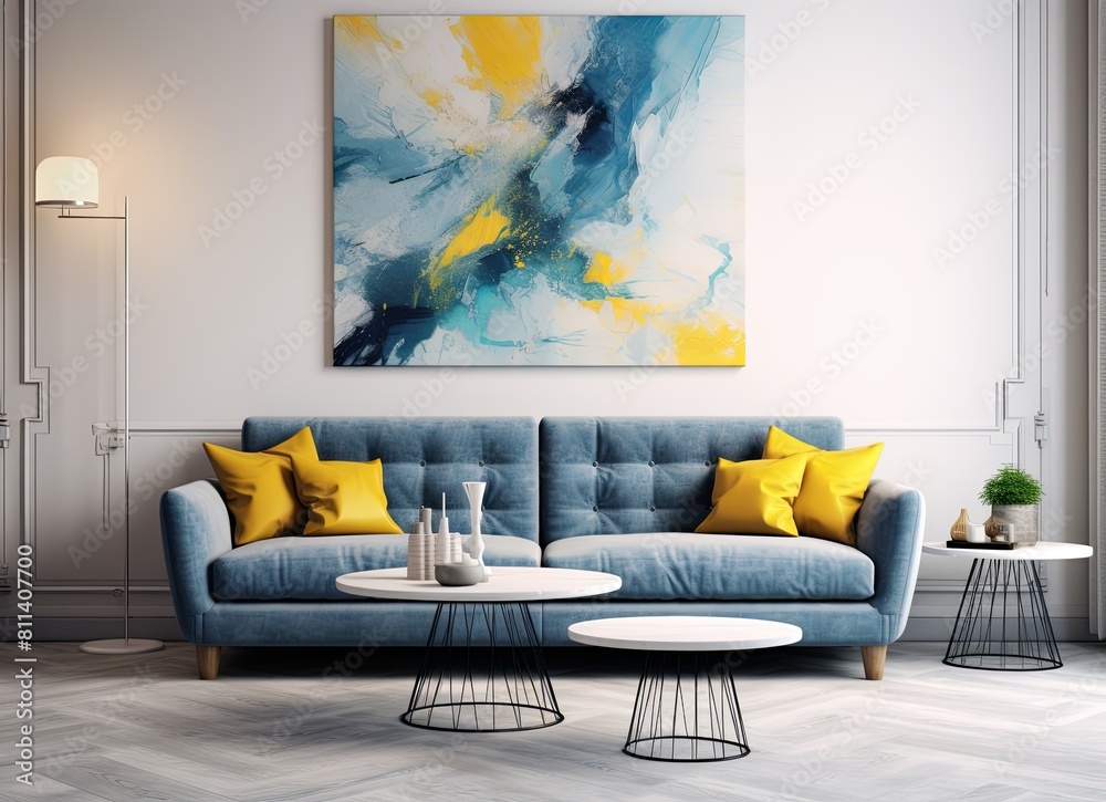 Living room with an azure couch and a painting on the wall Stock Photo ...